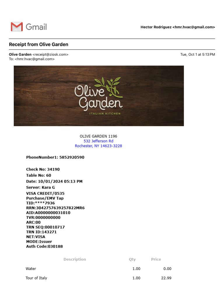 Receipt From Olive Garden | PDF