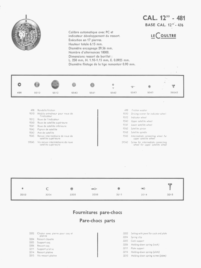 Part List For Jaeger-LeCoultre Cal. 481 Movement | PDF