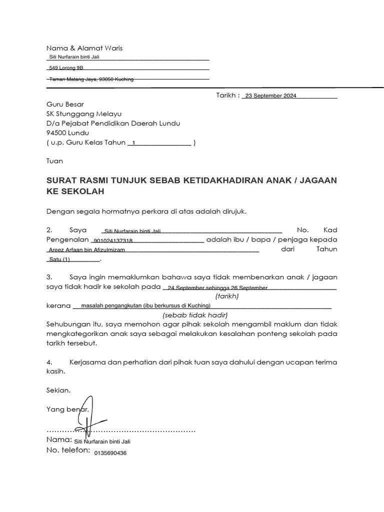 Surat Ketidakhadiran 2022 | PDF