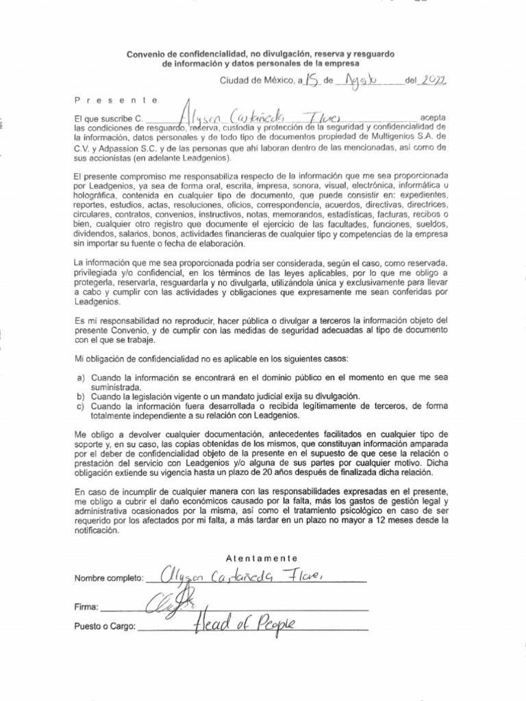 Convenio de Confidencialidad Alison Castañeda | PDF