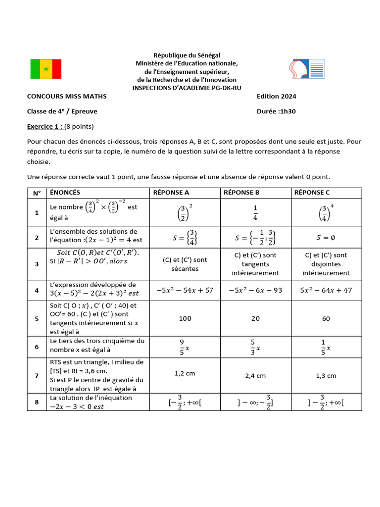 Concours Miss Maths 2024 - 4ème | PDF
