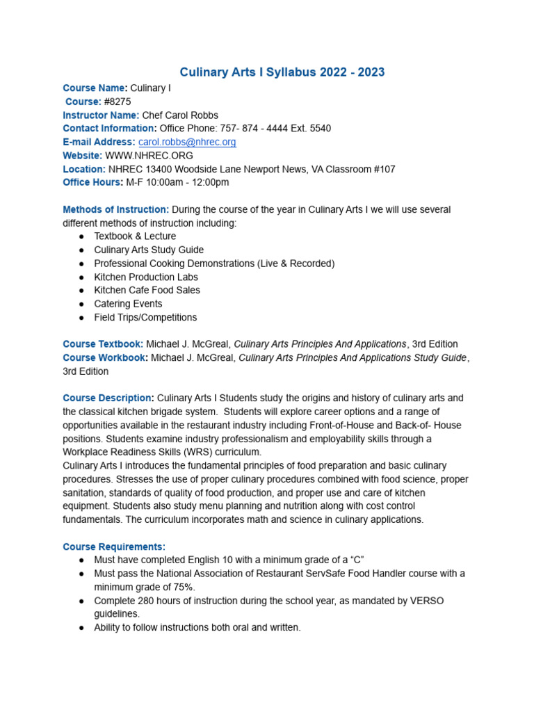 Culinary Arts I Syllabus 1 | PDF