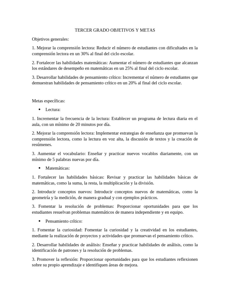 Objetivos Educativos 3º y 4º Grado | PDF | Comprensión lectora | Evaluación