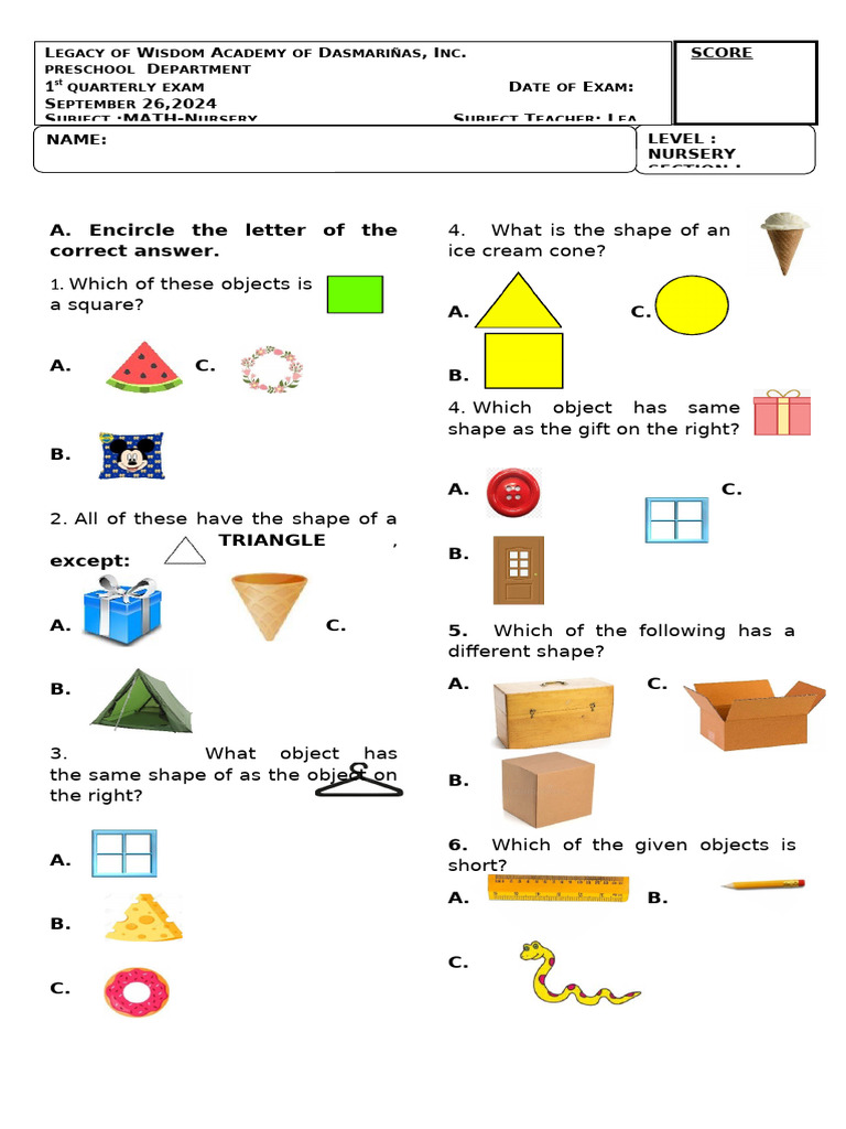 Preschool Math Exam: Shapes & Sizes | PDF | Geometric Objects ...