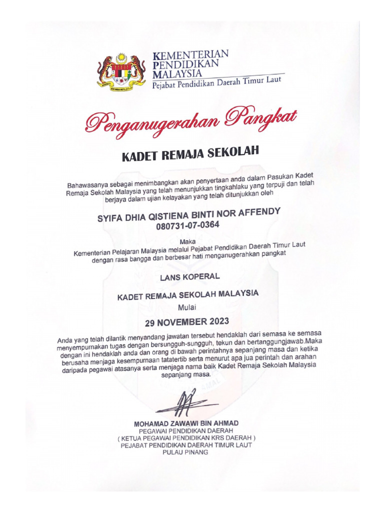 Lans Koperal Syifa Dhia Qistiena Binti Nor Affendy | PDF