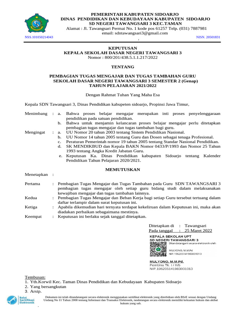 001.SK Pembagian Tugas Mengajar PNS Dan GTT SD N TAWANGSARI 3 Genap (2020) 2020-2021 Upload ...