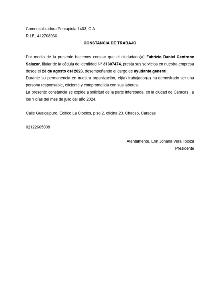 Constancia de Trabajo de Fabrizio Centrone | PDF