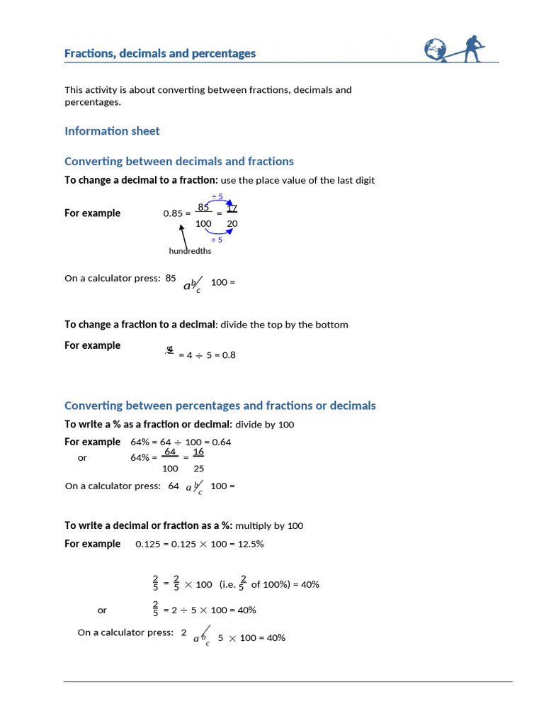 Fractions Decimals Percentage 2425 | PDF | Decimal | Percentage
