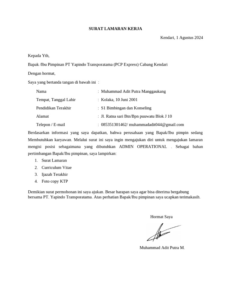 Surat Lamaran Kerja Admin Operational | PDF