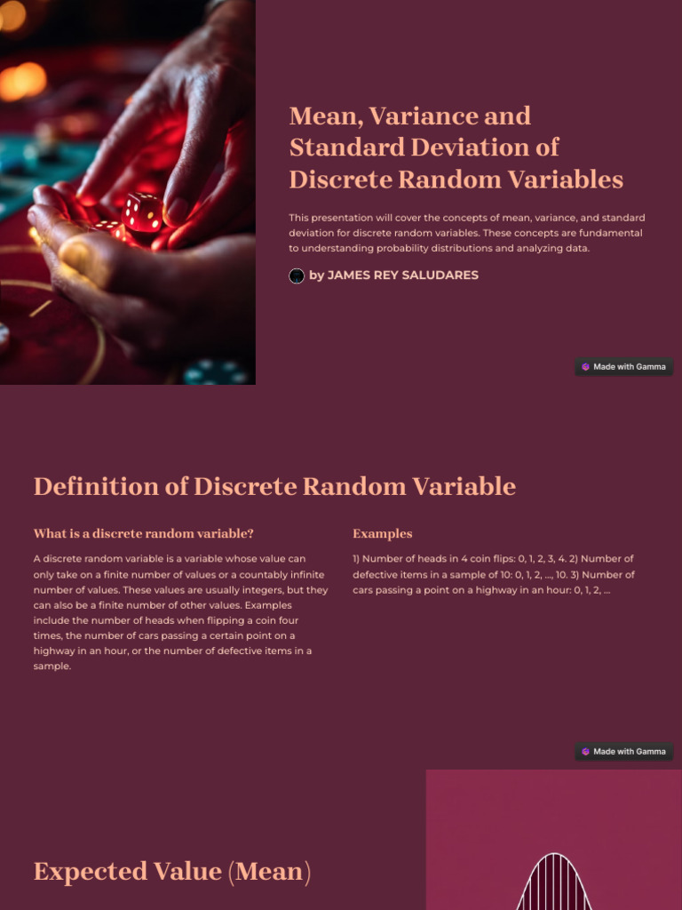 Mean Variance And Standard Deviation Of Discrete Random Variables Pdf