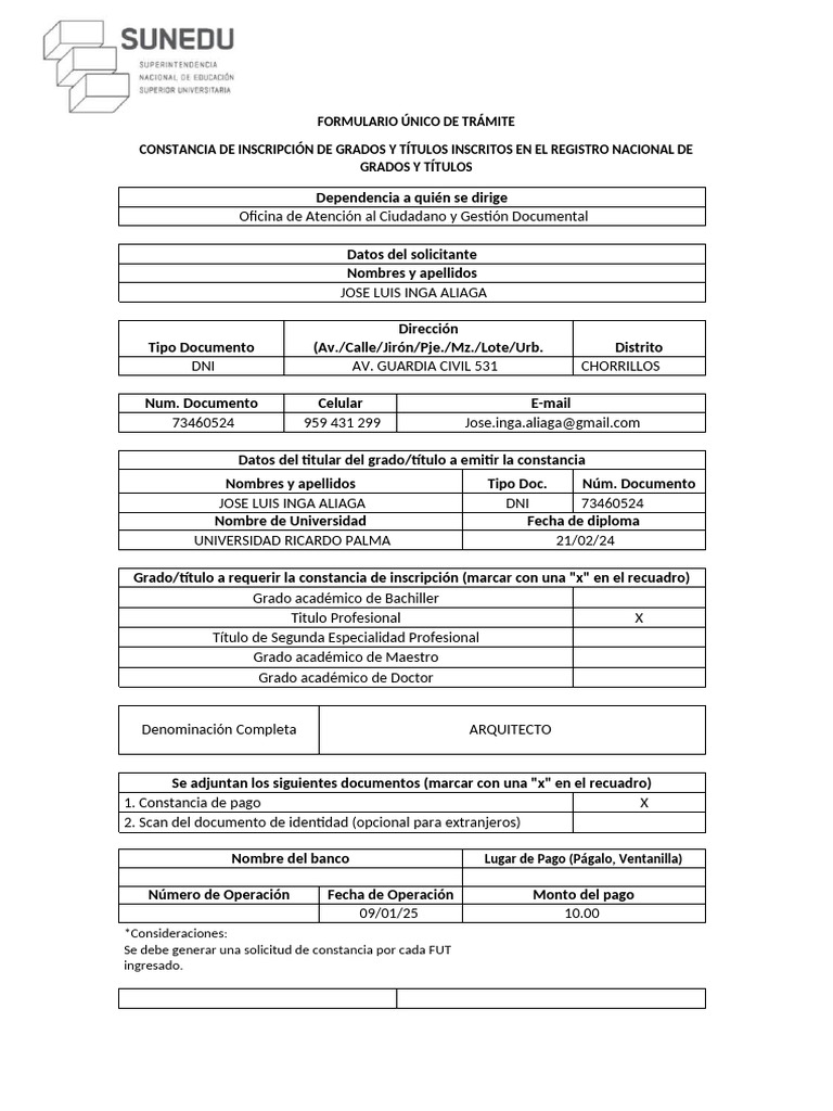 Formulario Único de Trámite Constancia de Inscripción | PDF