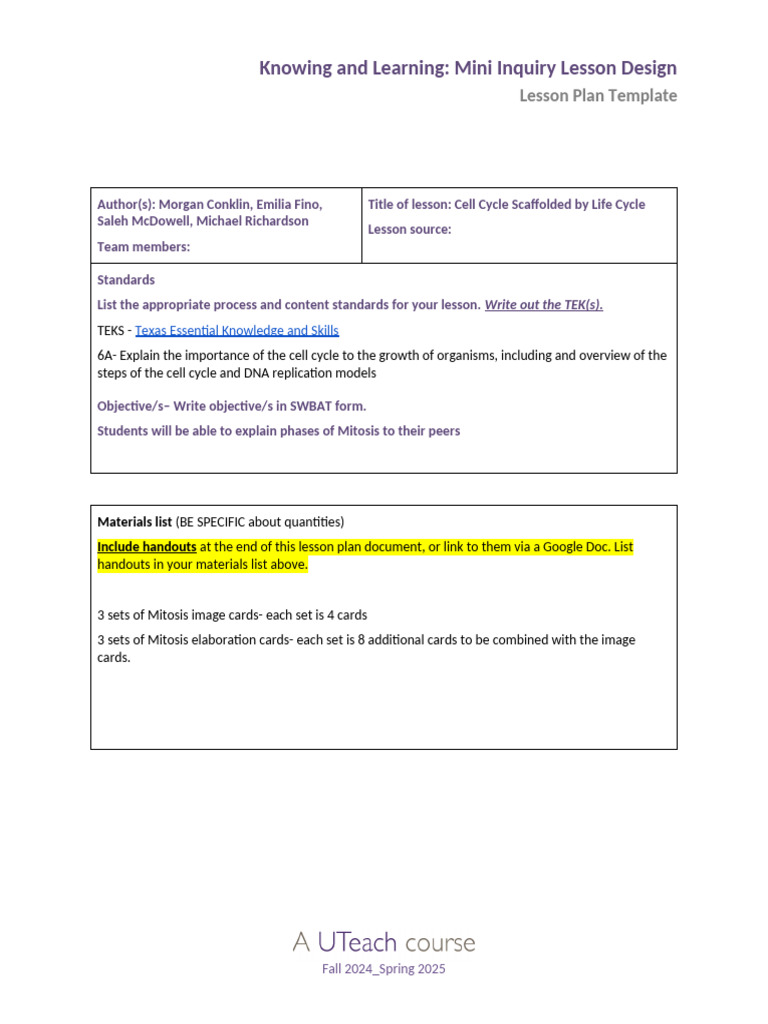 K&L Mini Lesson Plan | PDF | Inquiry Based Learning | Cell Cycle