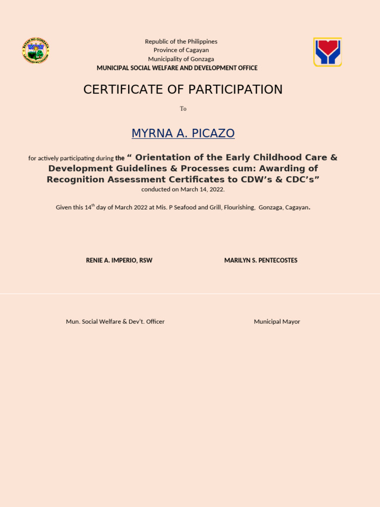 Certificate of Participation ECCD Orientation | PDF