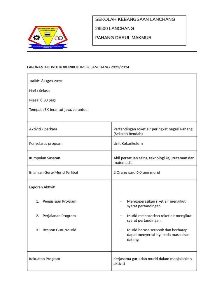 LAPORAN - AKTIVITI - KOKURIKULUM - SK - LANCHANG - 2023 - Stem Roket Air | PDF