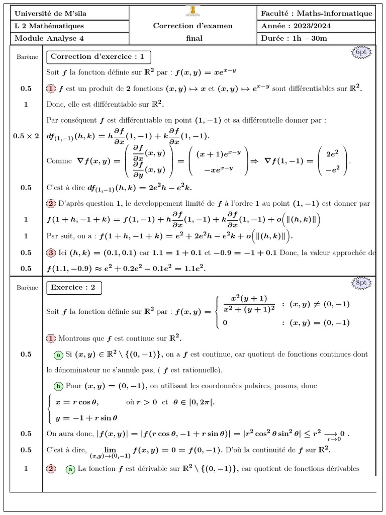 CORR EXAM FINAL-ANALYSE 4 - 2024 | PDF | Fonctionnalités et modélisations | Géométrie