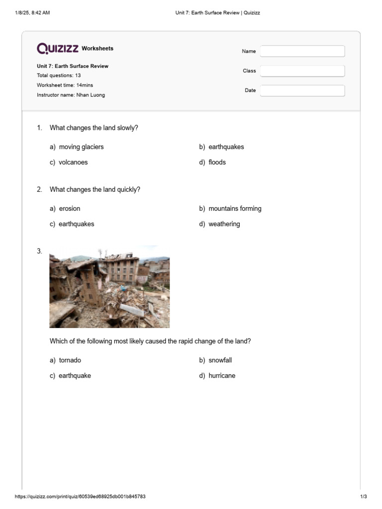 Earth Surface Changes Worksheet | PDF | Soil | Erosion
