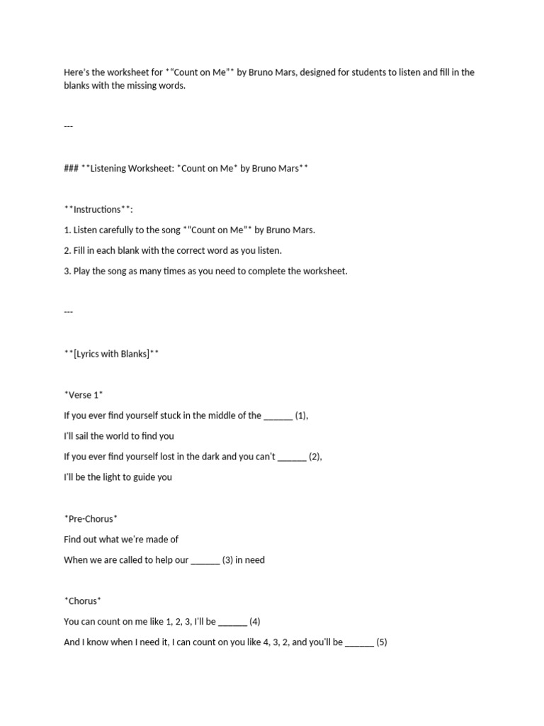 listening worksheet | PDF | Song Structure | Linguistics