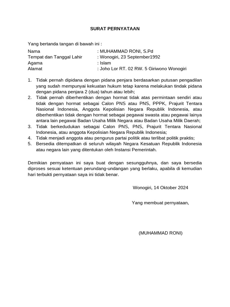 Surat Pernyataan PPPK Formasi Tahun 2024 Muhammad Roni | PDF