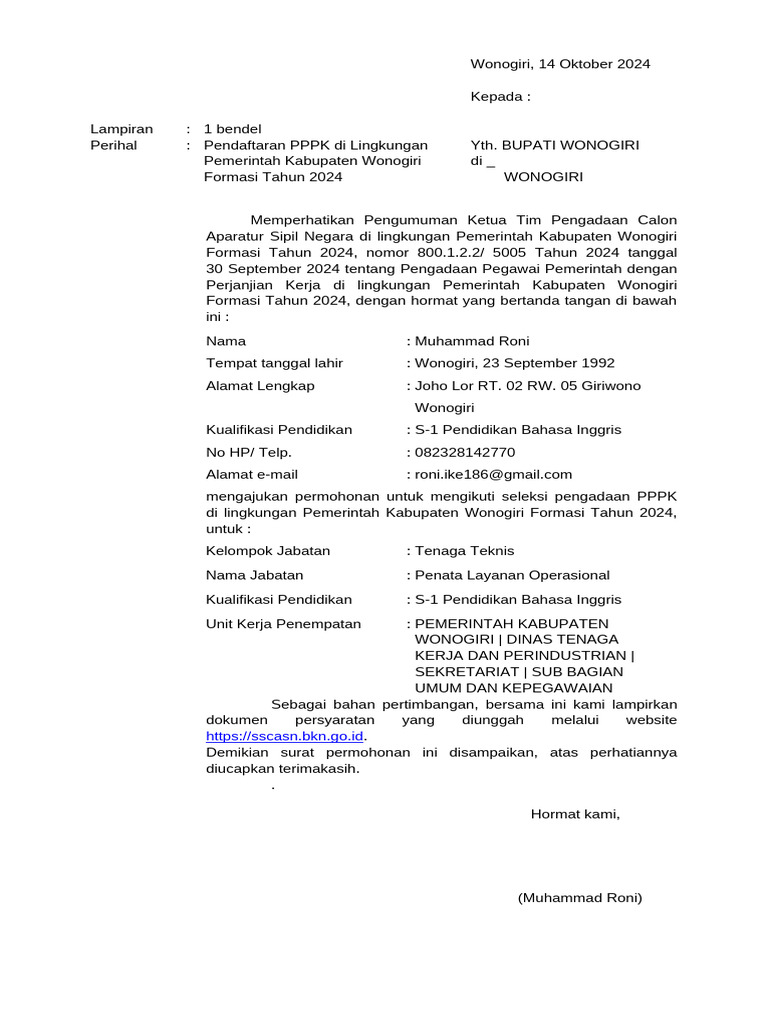 Surat Lamaran PPPK Formasi Tahun 2024 Muhammad Roni | PDF