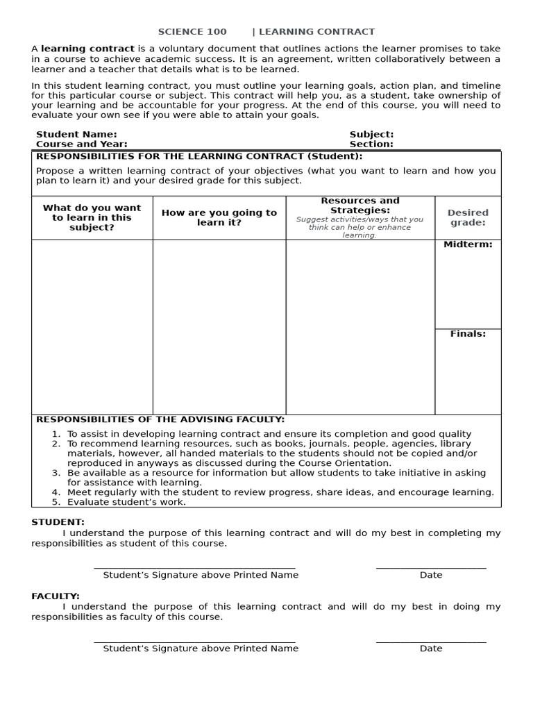 Learning Contract - Science 100 | PDF | Learning | Goal