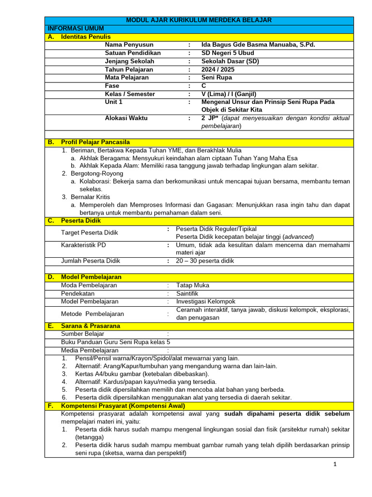 Modul Seni Rupa KLS V SMS 1 | PDF