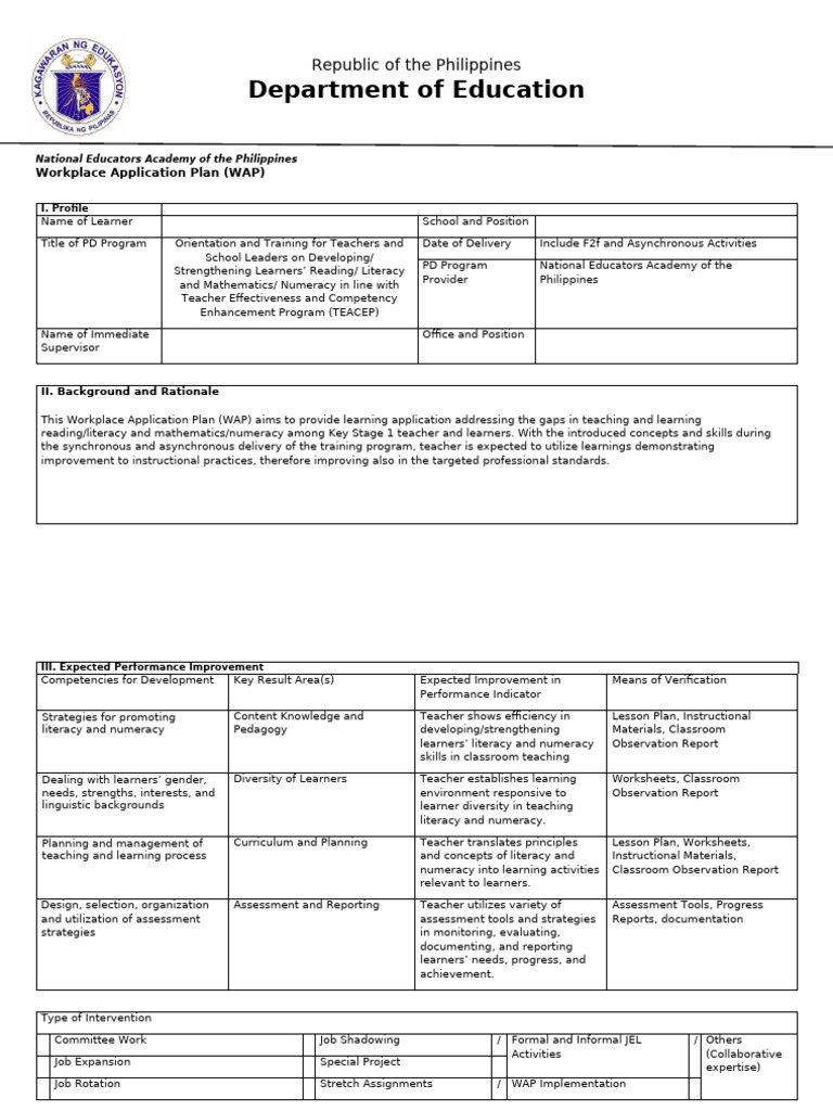 WAP for Teacher Literacy and Numeracy | PDF | Teachers | Lesson Plan
