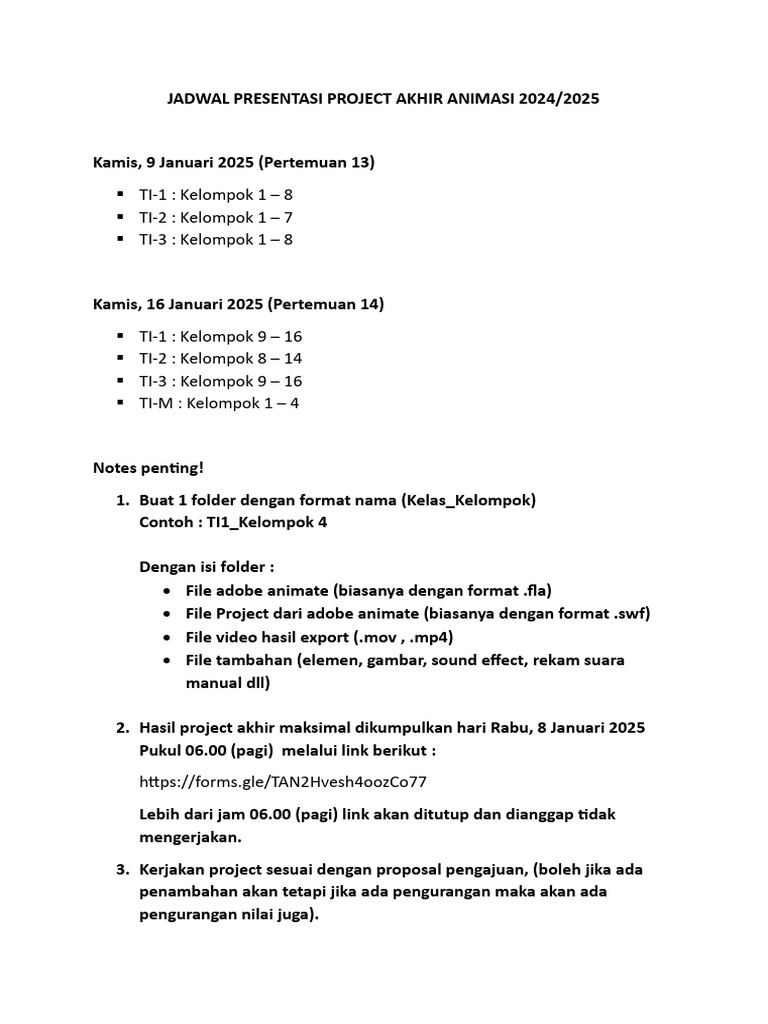 Jadwal Dan Panduan Presentasi Project Akhir Animasi | PDF