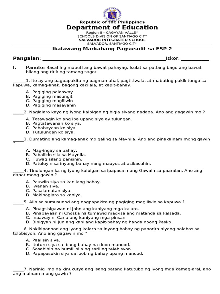 Esp 2nd Quarter Exam | PDF
