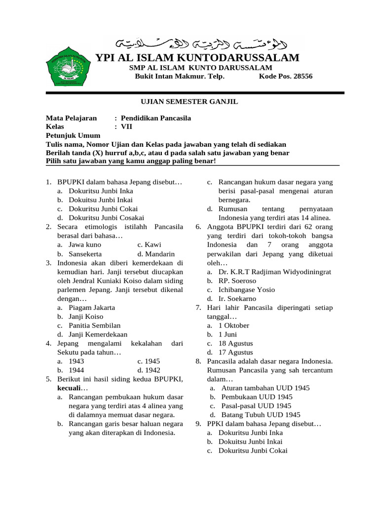 Soal PKN Kls 7 SMTR Ganjil 2024 | PDF