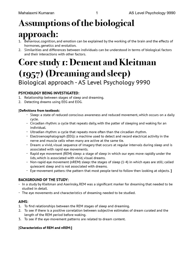 Biological and Cognitive Approach Core Study Notes - AS LEVEL ...