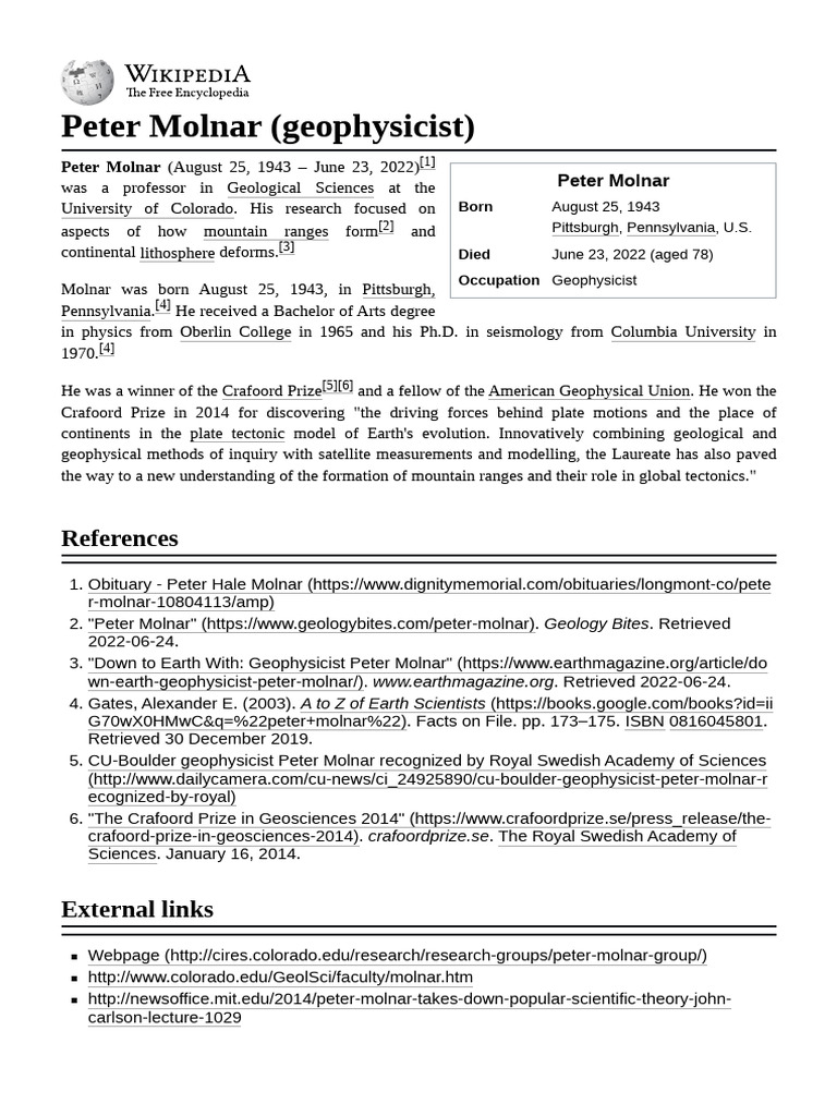 Peter Molnar (Geophysicist) | PDF | Geophysics | Natural Sciences