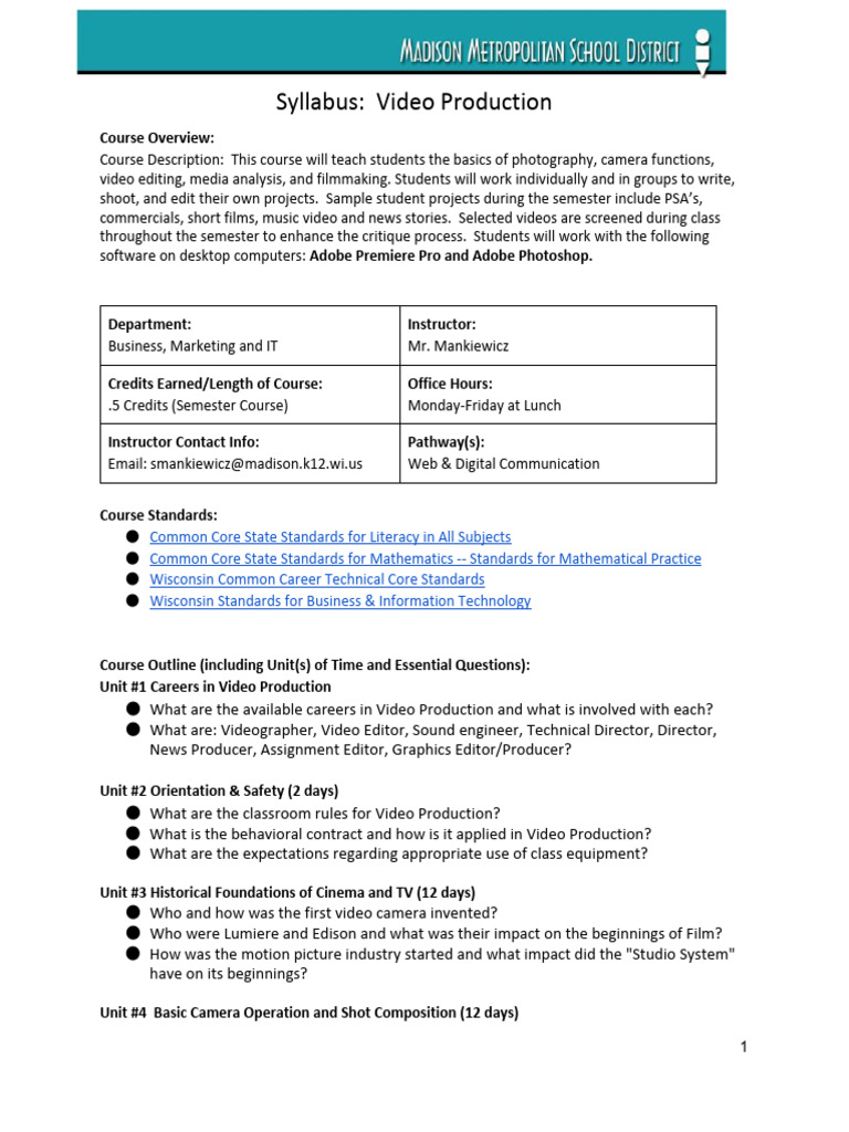 VideoProductionSyllabus | PDF | Video | Camera