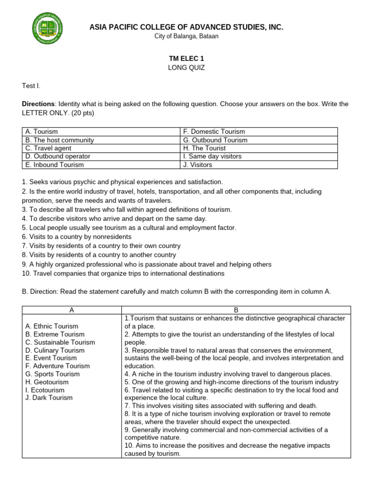 LONG-QUIZ-TM-ELEC | PDF | Tourism