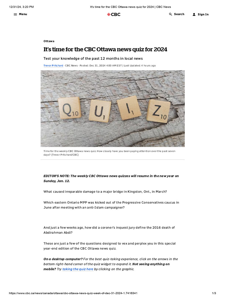 It's Time For The CBC Ottawa News Quiz For 2024 - CBC News | PDF