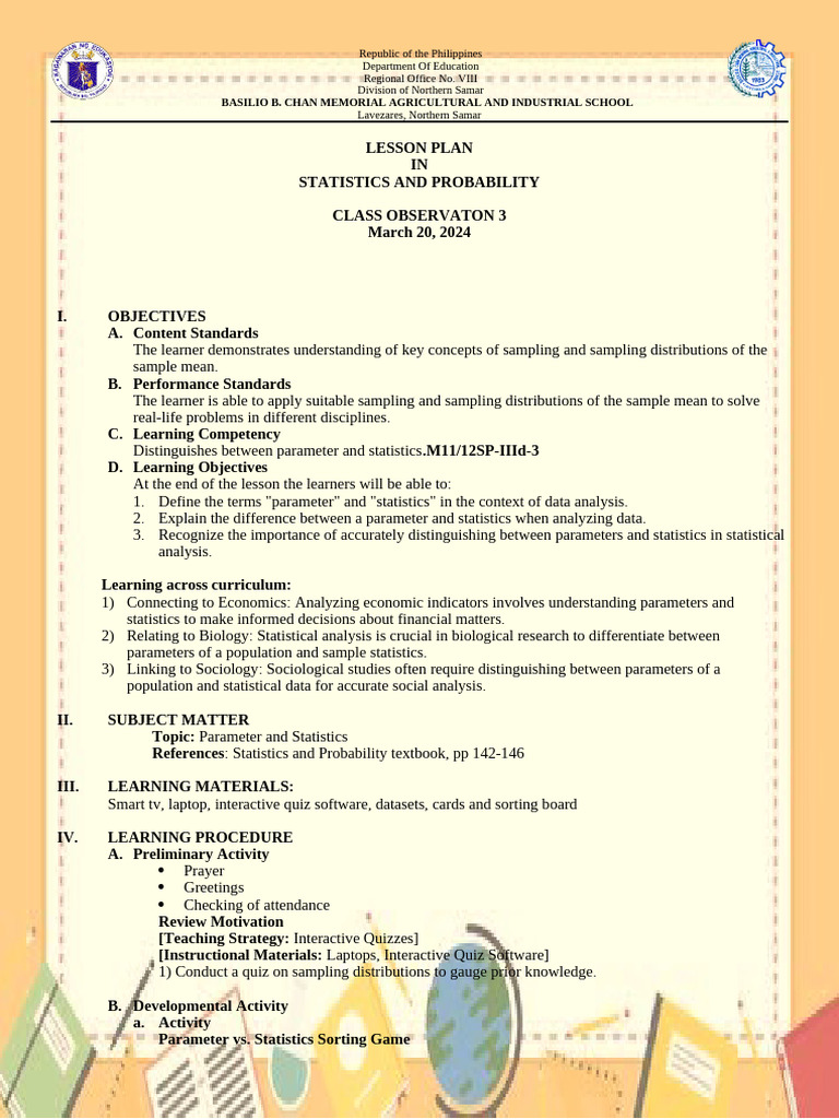 Lesson Plan STAT AND PROB | PDF | Statistics | Learning