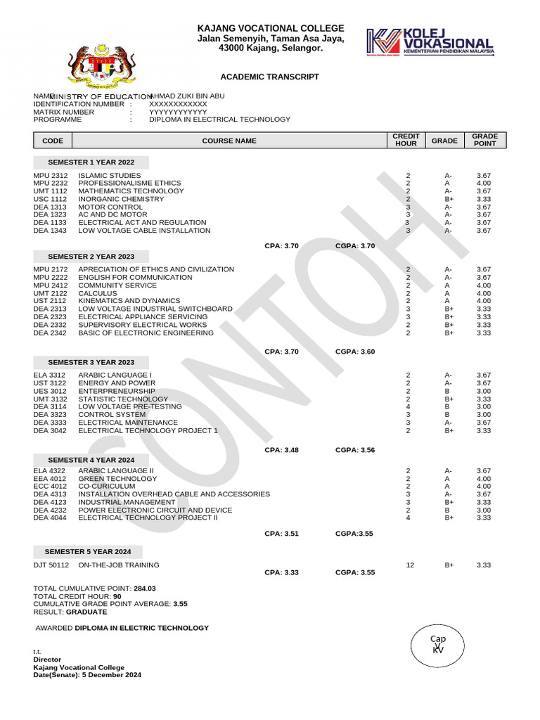 Template Transkrip Pengajian KV-BI | PDF | Electrical Engineering ...