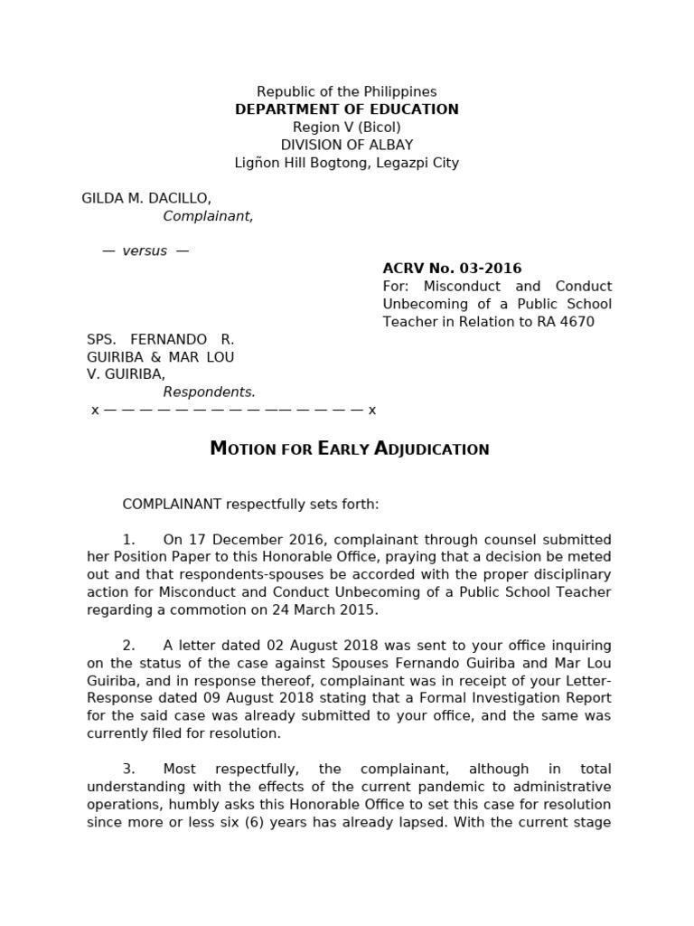 Motion For Early Adjudication - Dacillo | PDF | Common Law | Judiciaries