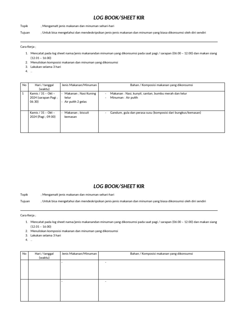 LOG BOOK sheet kir | PDF