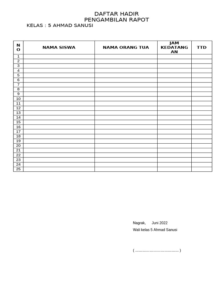 DAFTAR HADIR Orang Tua Pengambilan Rapot | PDF