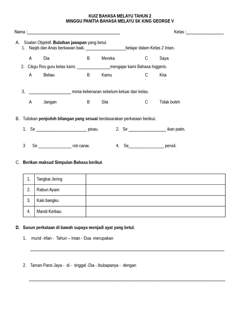 Kuiz Bahasa Melayu Tahun 2 | PDF