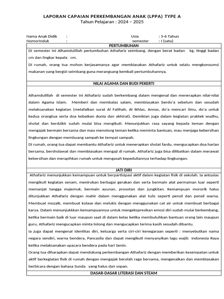 Contoh Isi Rapot PAUD | PDF