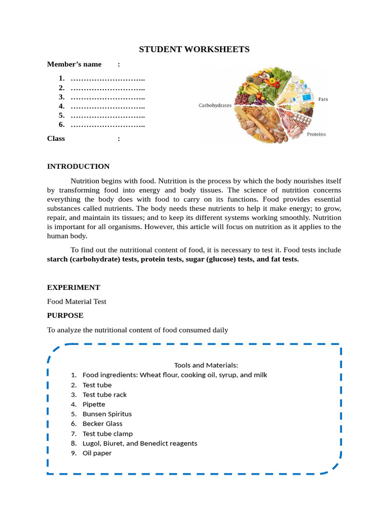 Food Nutrient Testing Worksheet | PDF | Foods | Nutrition