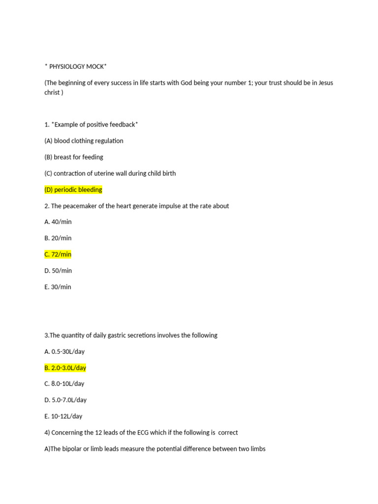 PHYSIOLOGY MOCK-WPS Office | PDF | Stimulus (Physiology) | Heart
