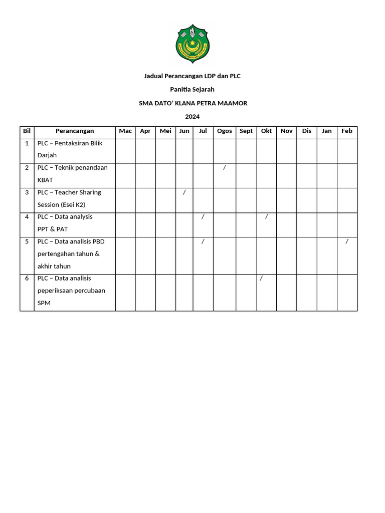 Jadual PLC Panitia Sejarah 2024 | PDF
