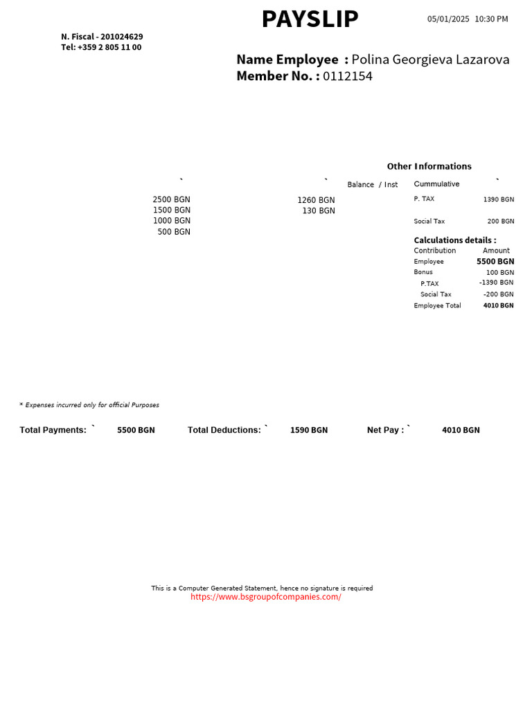 Payslip Lazarova | PDF | Taxes | Government Finances