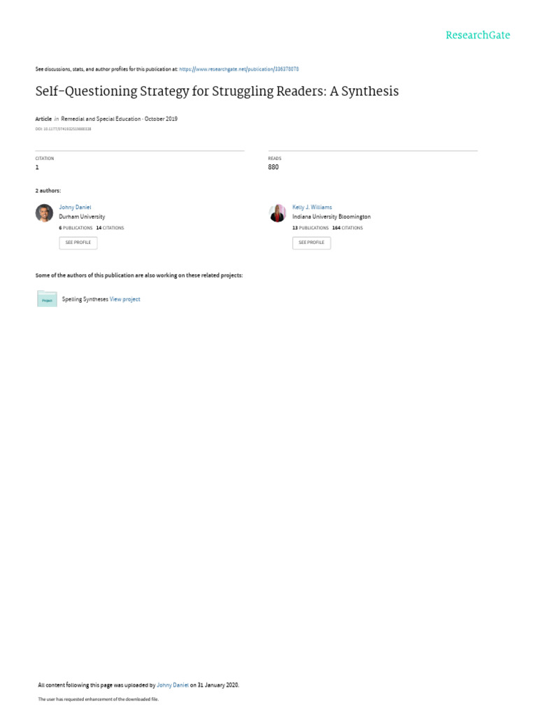 (Daniel & Williams, 2019) Self-Questioning Strategy For Struggling ...