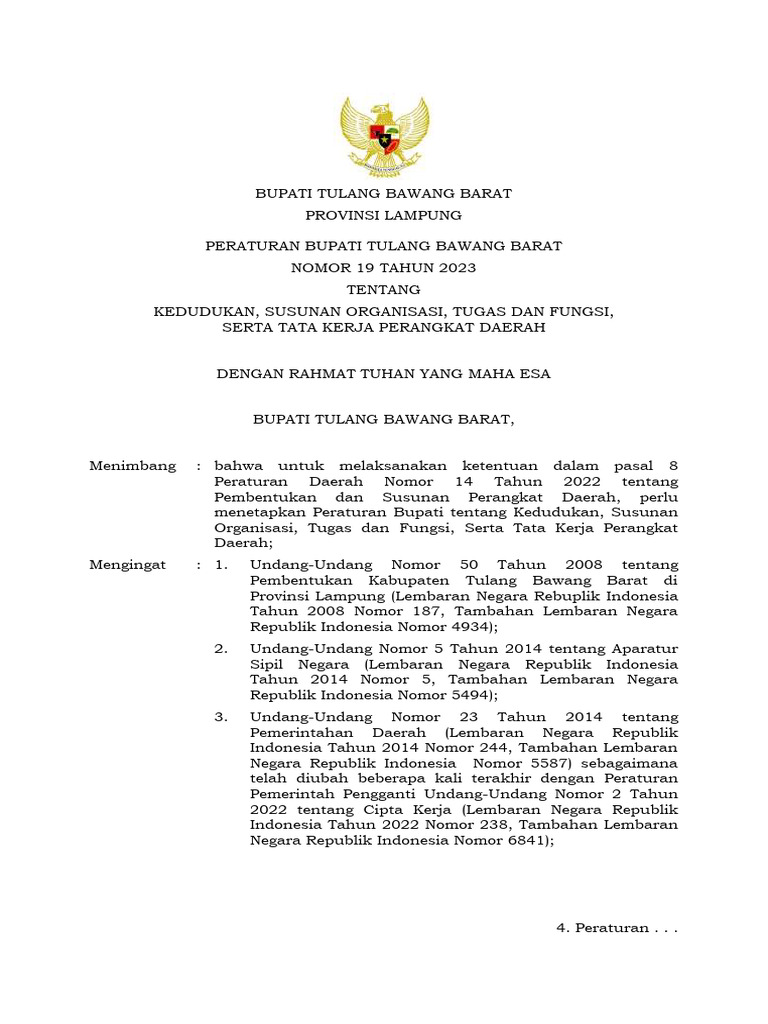 Perbup 2023 - NMR 19 THN 2023 TTG Susunan Organisasi Dan Tata Kerja Perangkat Daerah (Sotk) | PDF