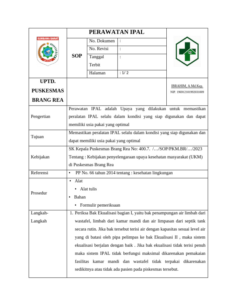 Prosedur Perawatan IPAL Puskesmas Brang Rea | PDF