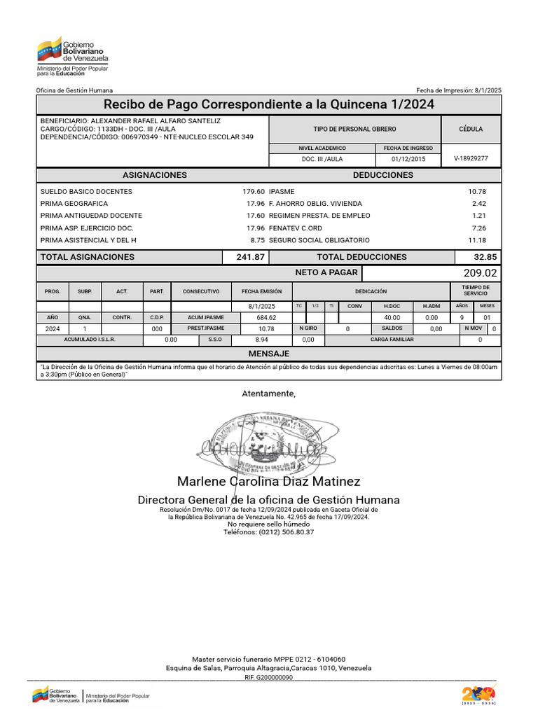 Recibo de Pago Quincenal 1/2024 | PDF
