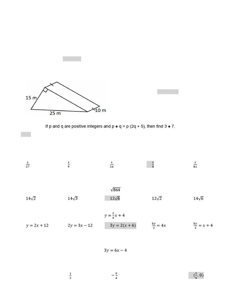 Mathematics Test Answers Set 20 | PDF | Length | Area